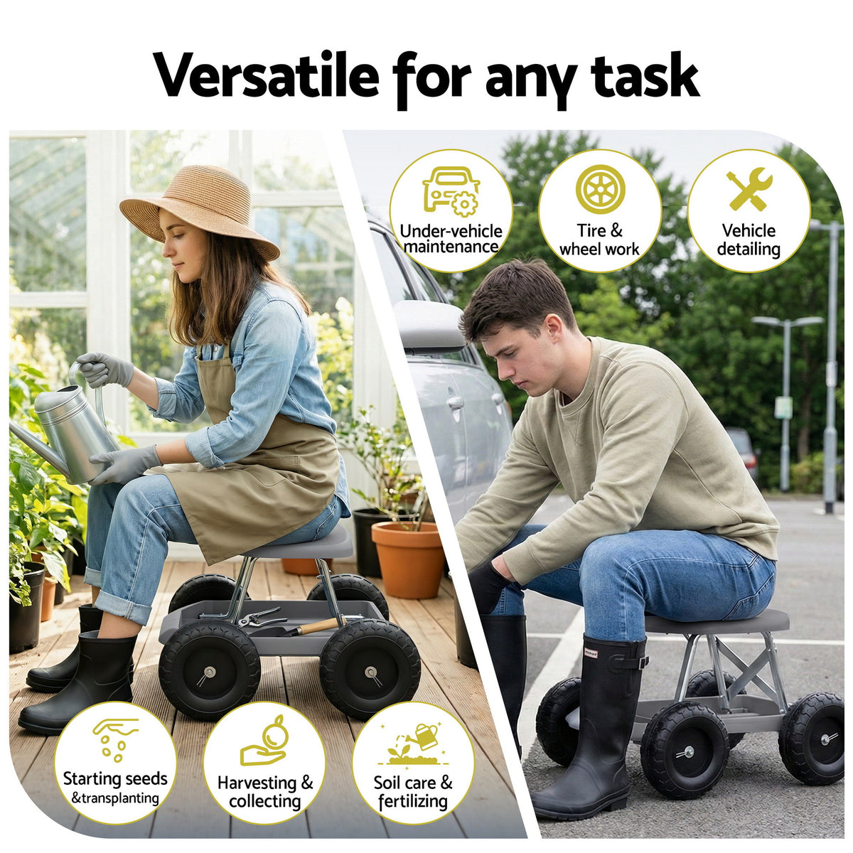 Gardeon Garden Cart Seat with Wheels, Rolling Work Stool with Tool Sto