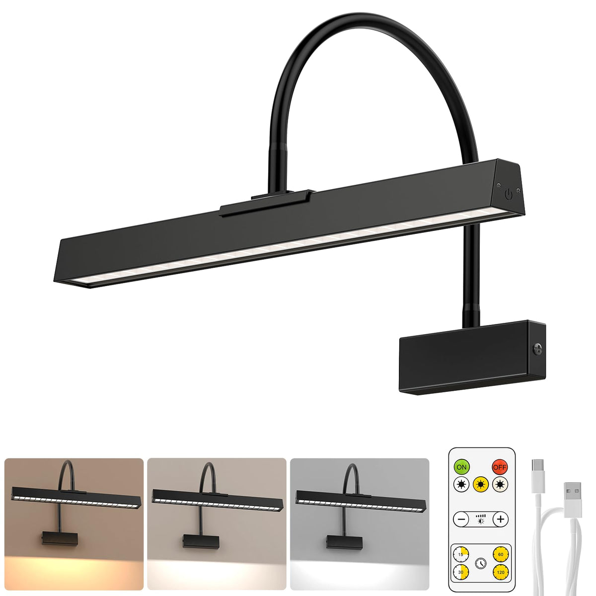 Picture Frame Light with Remote, Wireless 16 Inch Black Art Light, Bat