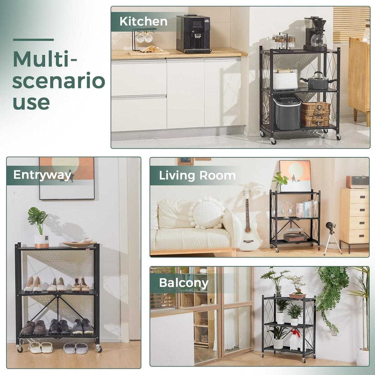 CARLA HOME 4-Tier Foldable Storage Shelf with Wheels for Kitchen, Gara