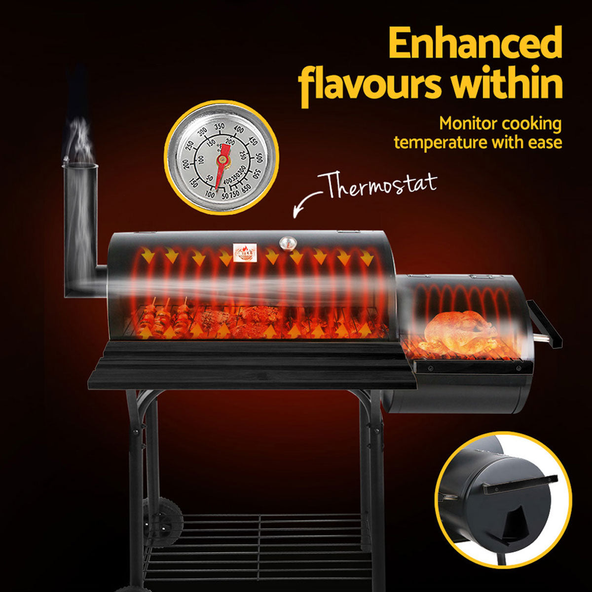 2 in1 BBQ Smoker Charcoal Grill Roaster Portable Offset Outdoor Campin