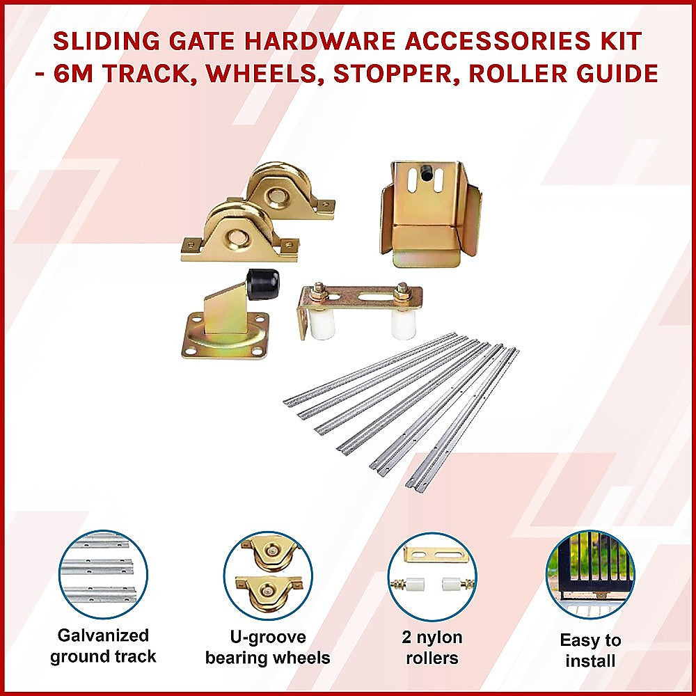 Sliding Gate Hardware Accessories Kit - 6m Track, Wheels, Stopper, Rol