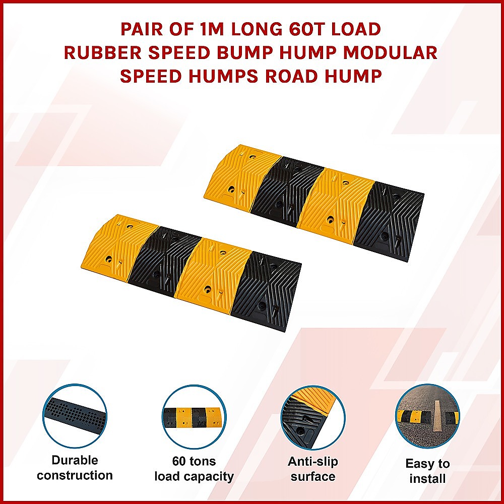 Pair of 1m Long 60T Load Rubber Speed Bump Hump Modular Speed Humps Ro