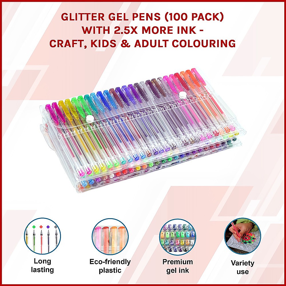 Glitter Gel Pens (100 pack) with 2.5X More Ink - Craft, Kids & Adult C