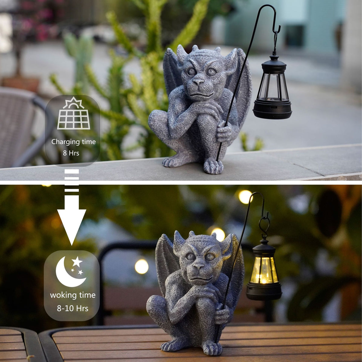 Solar-Powered Gargoyle Statue with LED Lantern – Gothic Outdoor Hallow